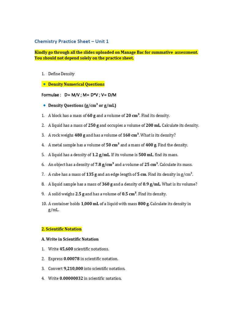 Chemistry Unit 1 Practice Sheet | PDF | Volume | Density