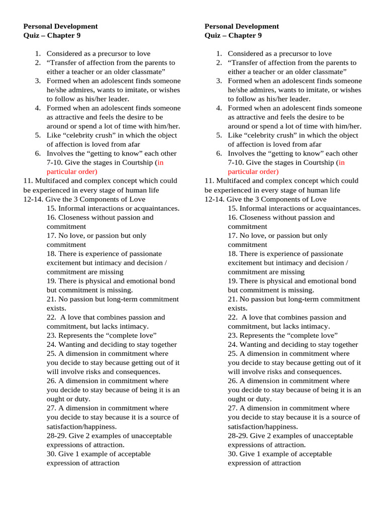 PerDev Quiz Chapter9 | PDF | Intimate Relationships | Love