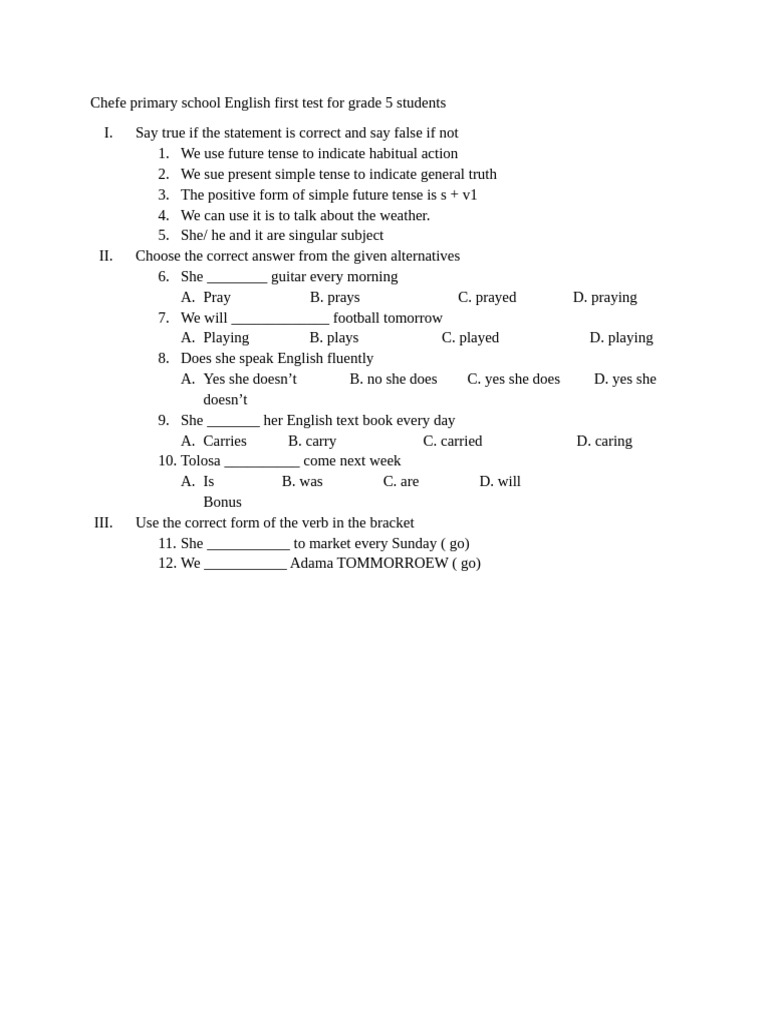 Grade 5 English Test: Tenses & Verbs | PDF