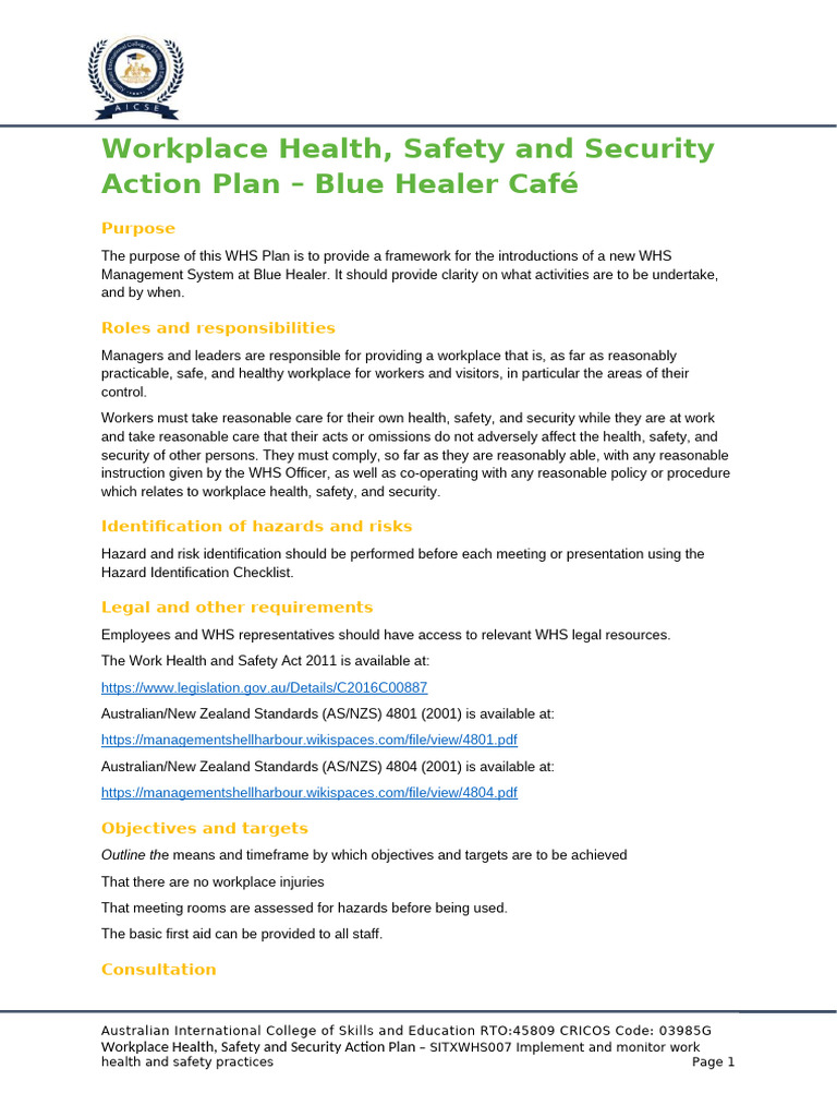 SITXWHS007 Workplace Health Safety and Security Action Plan.v1.0 | PDF ...