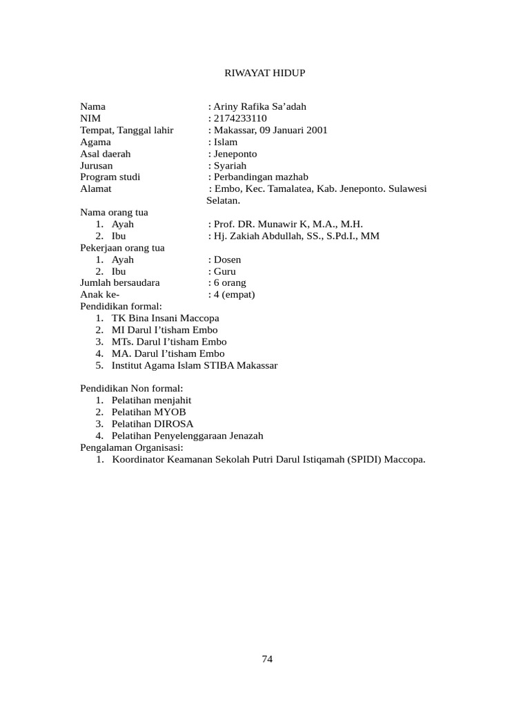 Riwayat Hidup Ariny Rafika Sa’adah | PDF
