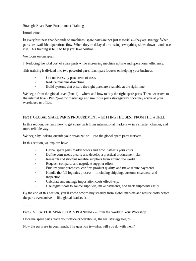 Intro-Strategic Spare Parts Procurement Training | PDF | Procurement | Inventory