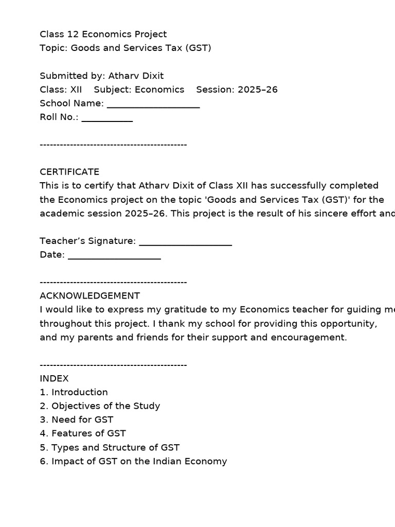 Class 12 Economics Project GST Handwritten | PDF | Taxes | Government ...