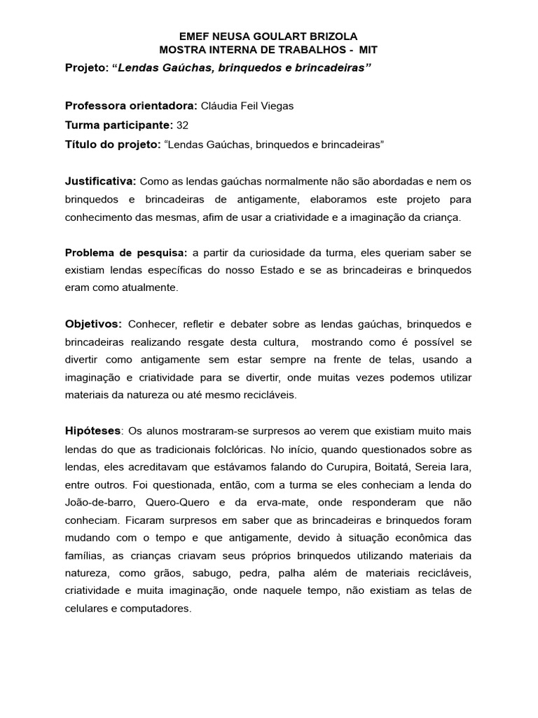 Projeto_____Lendas_Ga__chas__brinquedos_e_brincadeiras___ | PDF ...