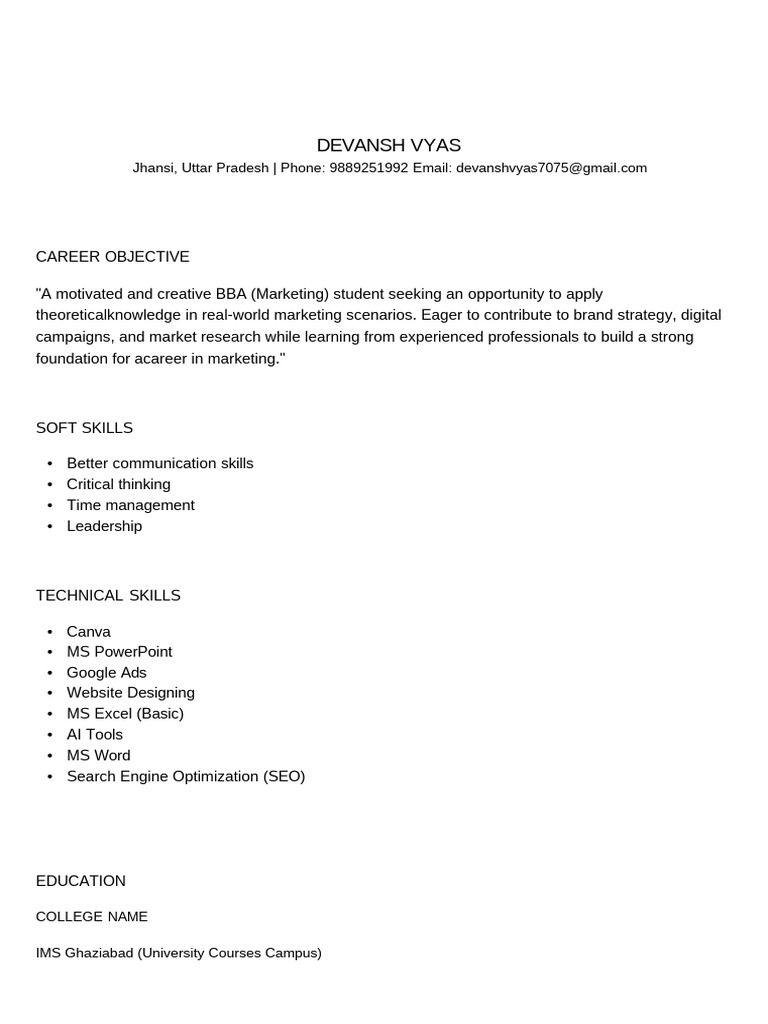 Devansh Vyas Resume - PDF - 20250827 - 133730 - 0000 | PDF | Human Communication | Marketing