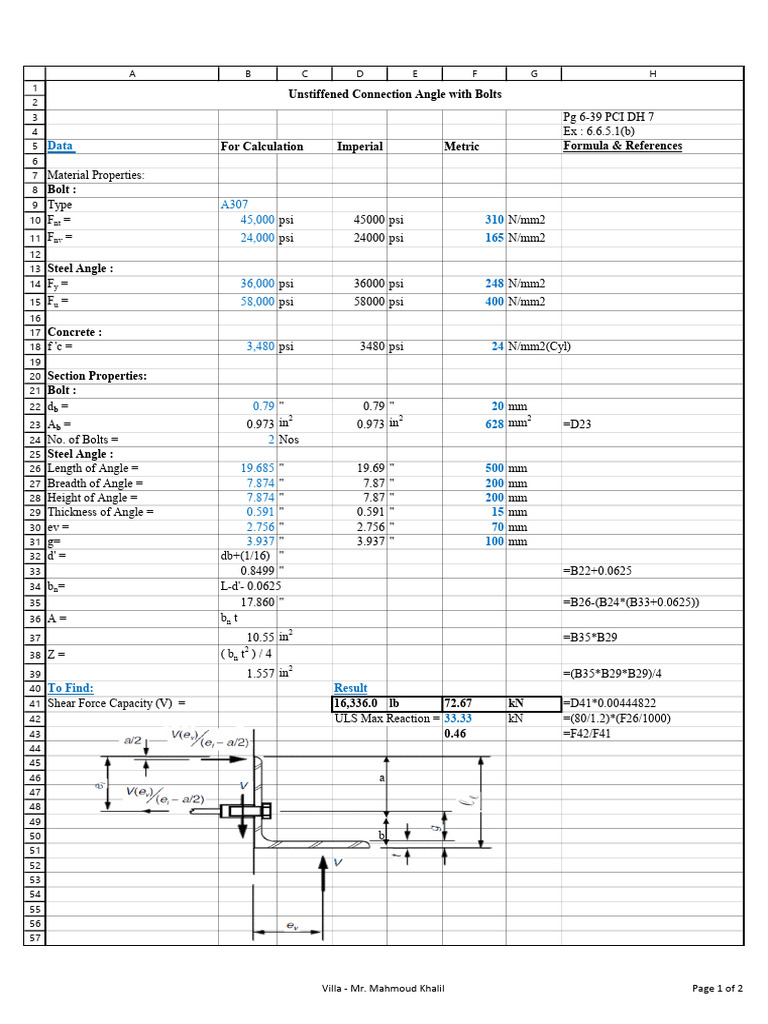 Sample Calculation of Unstiffened Connection Angle With Bolts | PDF ...