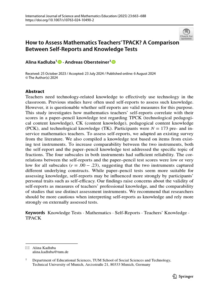 How To Assess Mathematics Teachers' TPACK A Comparison Between Self ...