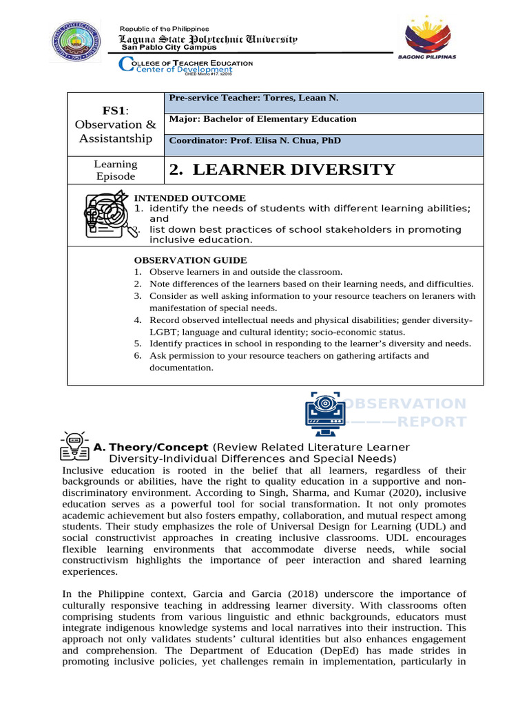 FS-1.-Ep.-2-Learner-Diversity | PDF | Inclusion (Education) | Constructivism (Philosophy Of ...