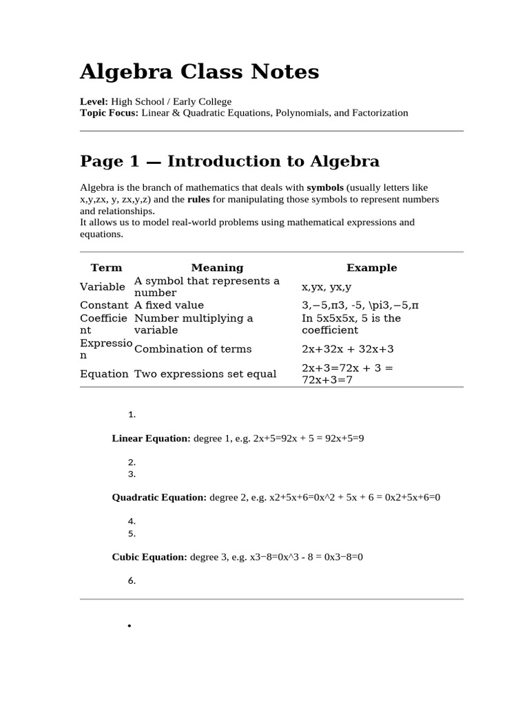 High School Algebra Class Notes | PDF | Algebra | Equations