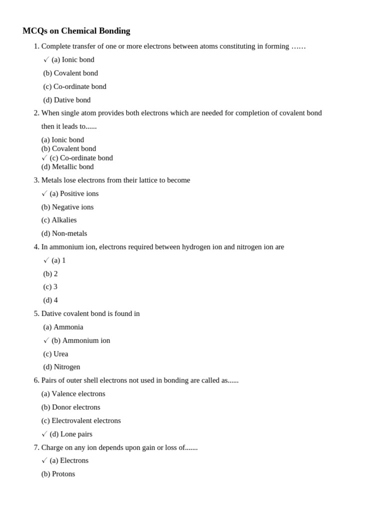 Chemical Bonding Mcqs Answered | PDF | Chemical Bond | Ionic Bonding