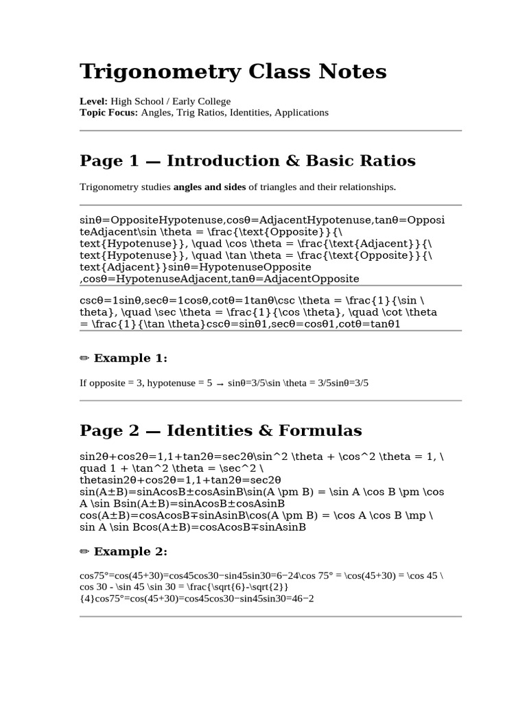 Trigonometry Class Notes Identities & Formulas | PDF | Trigonometry ...