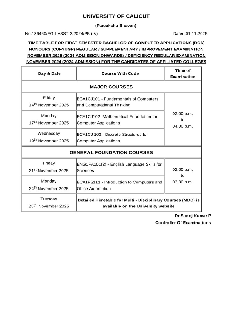 BCA First Semester Exam Timetable 2025 | PDF