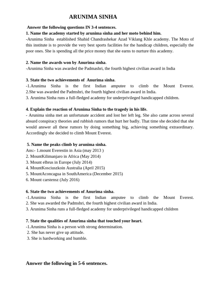 Arunima Sinha: Achievements and Qualities | PDF | Psychological ...