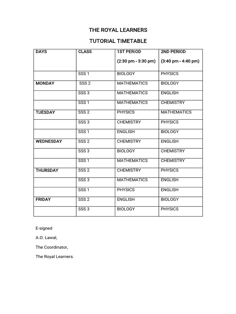 The Royal Learners Timetable | PDF