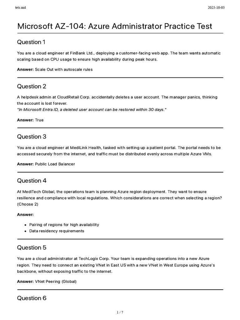 Azure Administrator Practice Test Questions | PDF | Domain Name System ...