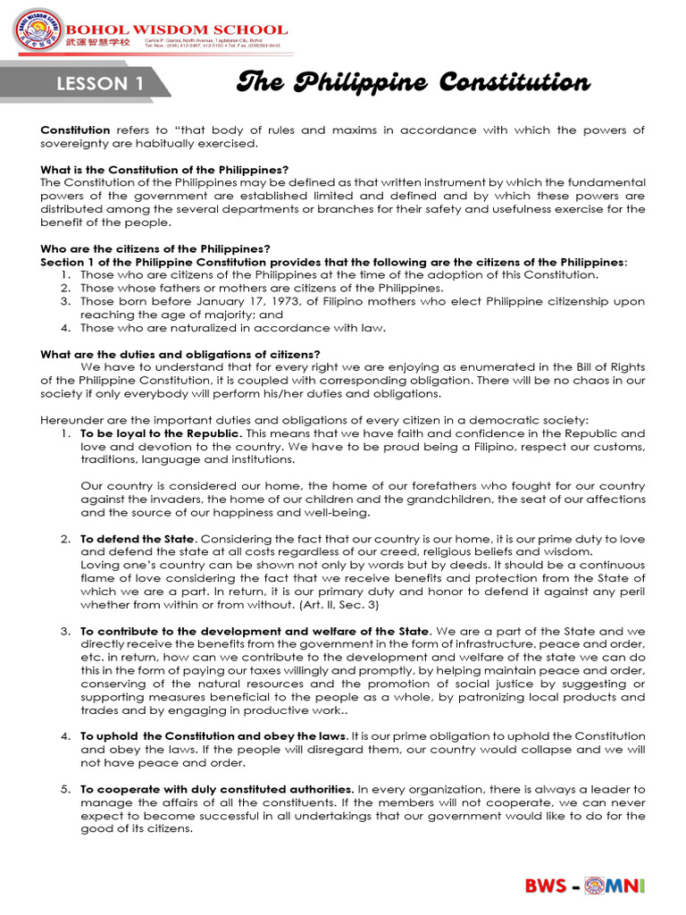 Philippine Constitution and Citizenship Duties | PDF | Employment ...