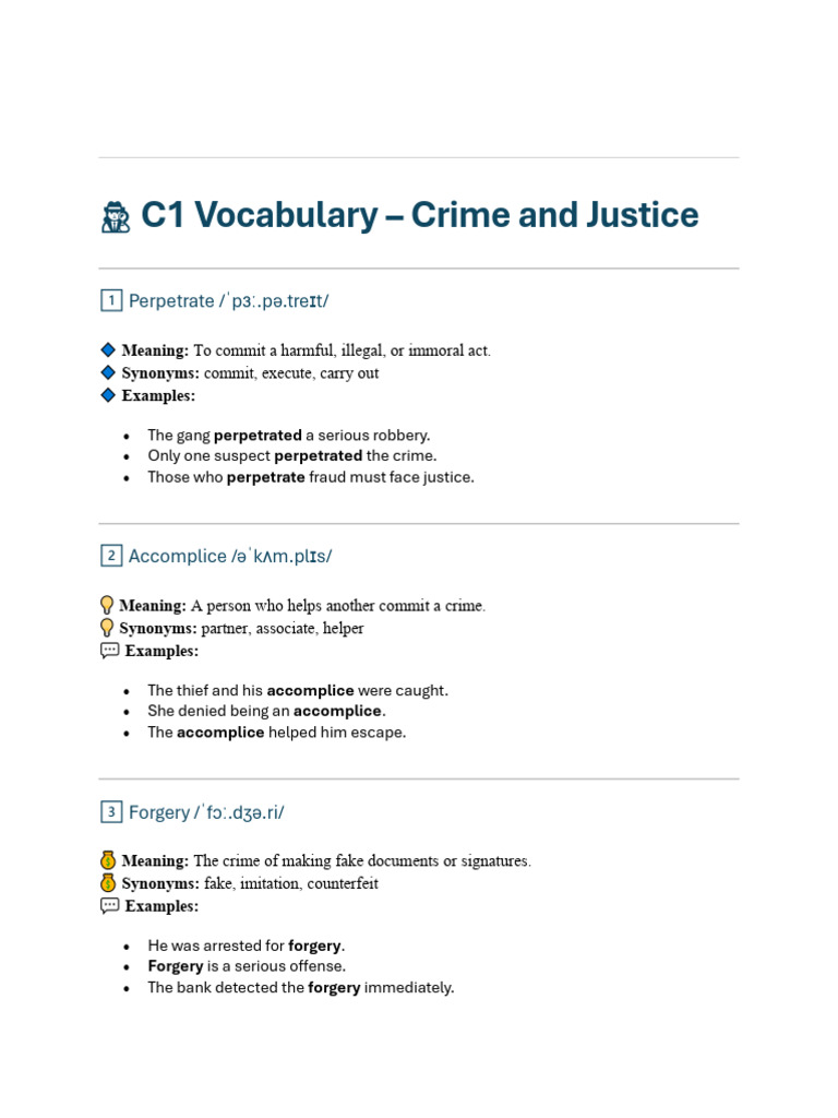 Crime Related C1 Vocabulary Words | PDF | Crimes | Crime & Violence