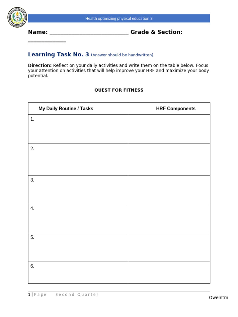 HOPE 3 Learning Task No. 3 2nd QTR | PDF