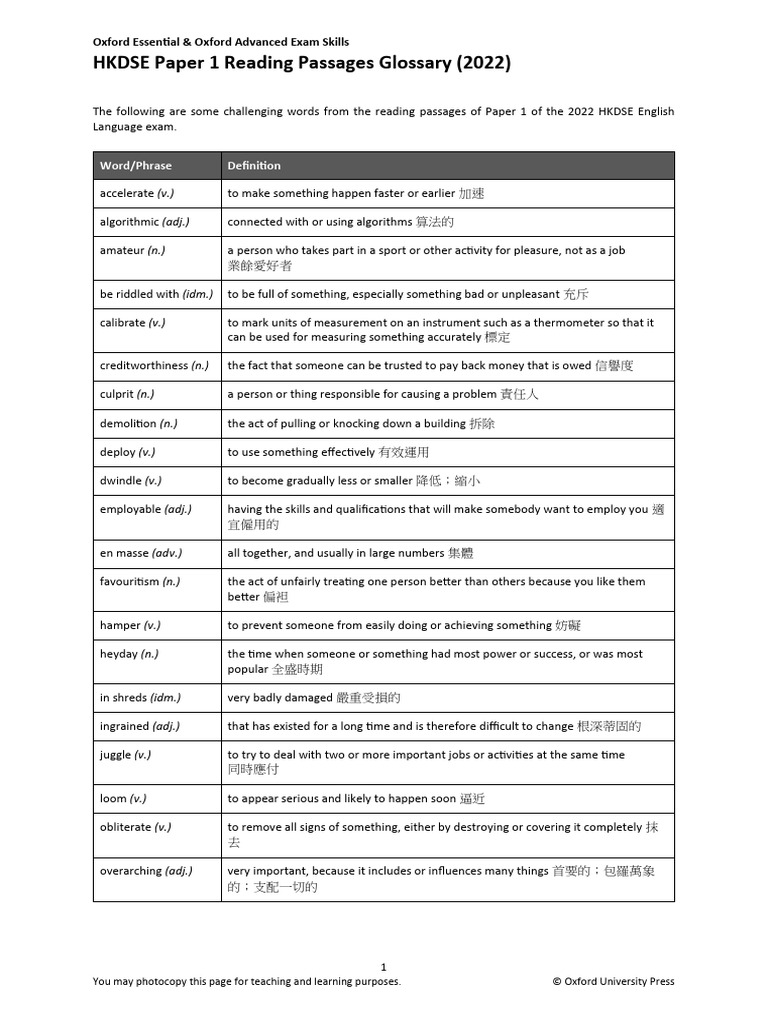 HKDSE 2022 Reading Passages Glossary | PDF