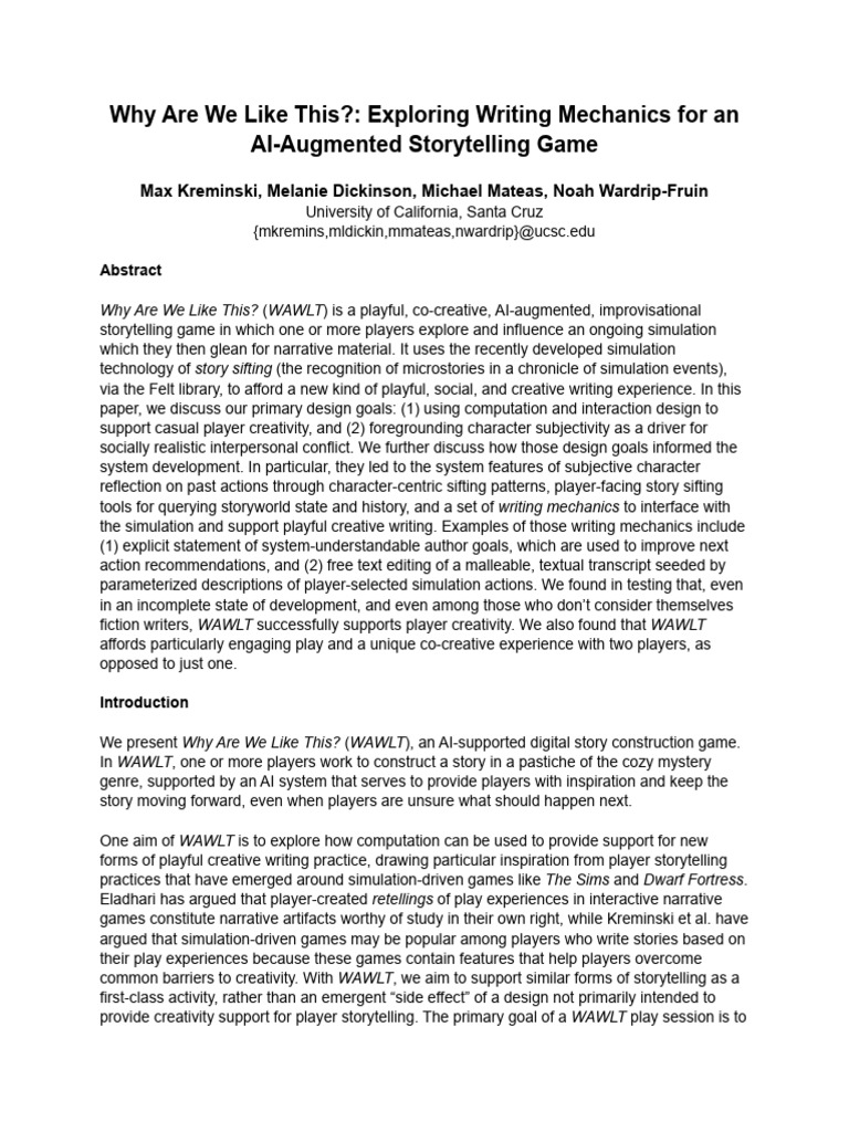 Writing For An AI Augmented Storytelling Game Kreminski, Wardrip-Fruin ...
