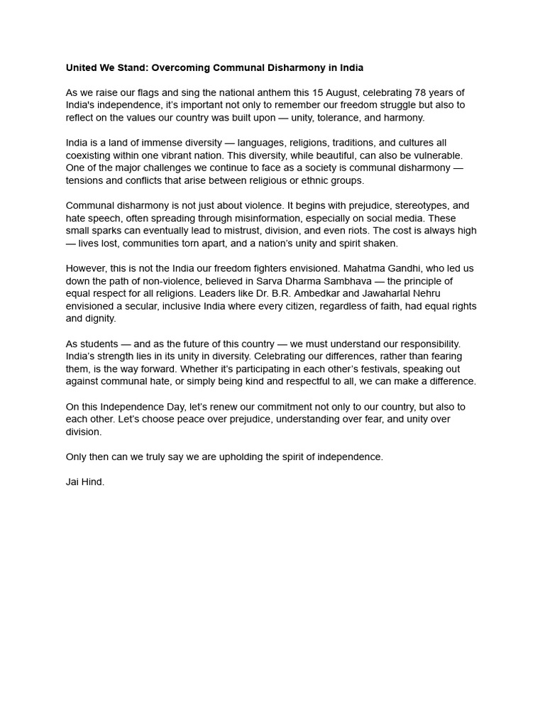 United We Stand Communal Disharmony in India | PDF