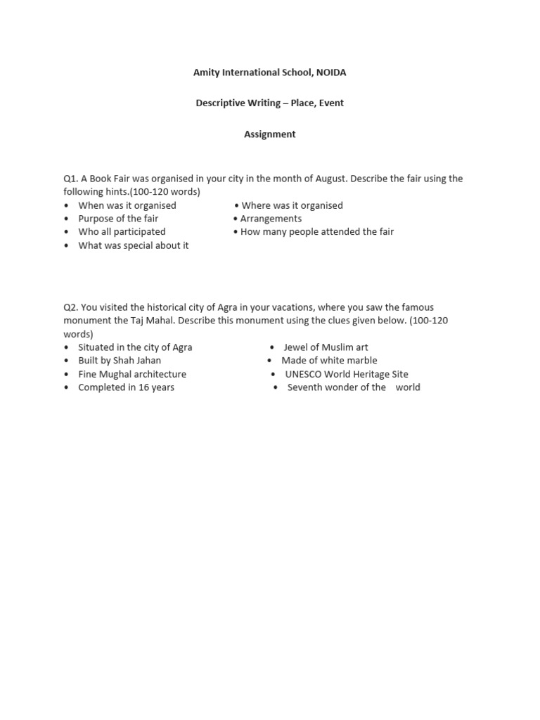 Descriptive Writing Assignment (Place, Event) | PDF