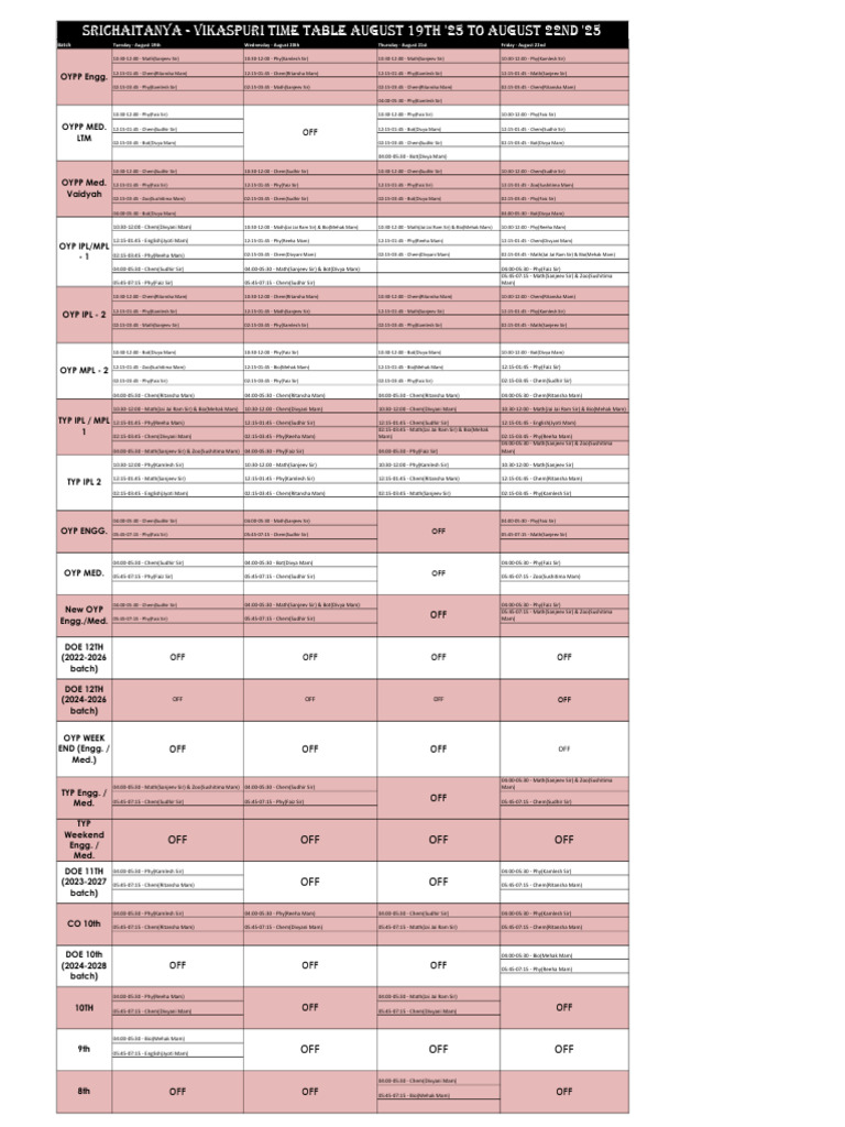 Time Table - August 19th, 2025 To August 22nd, 2025 | PDF
