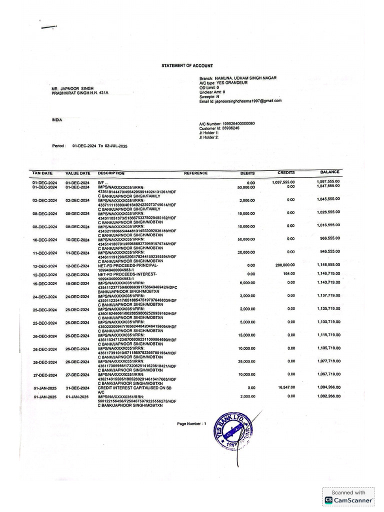 Bank Statement Yes Bank PDF | PDF
