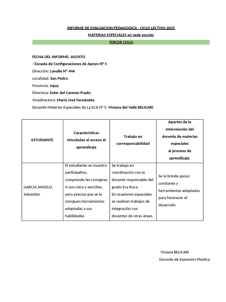 INFORME DE EVALUACION PEDAGOGICA Tercer Ciclo | PDF | Aprendizaje ...