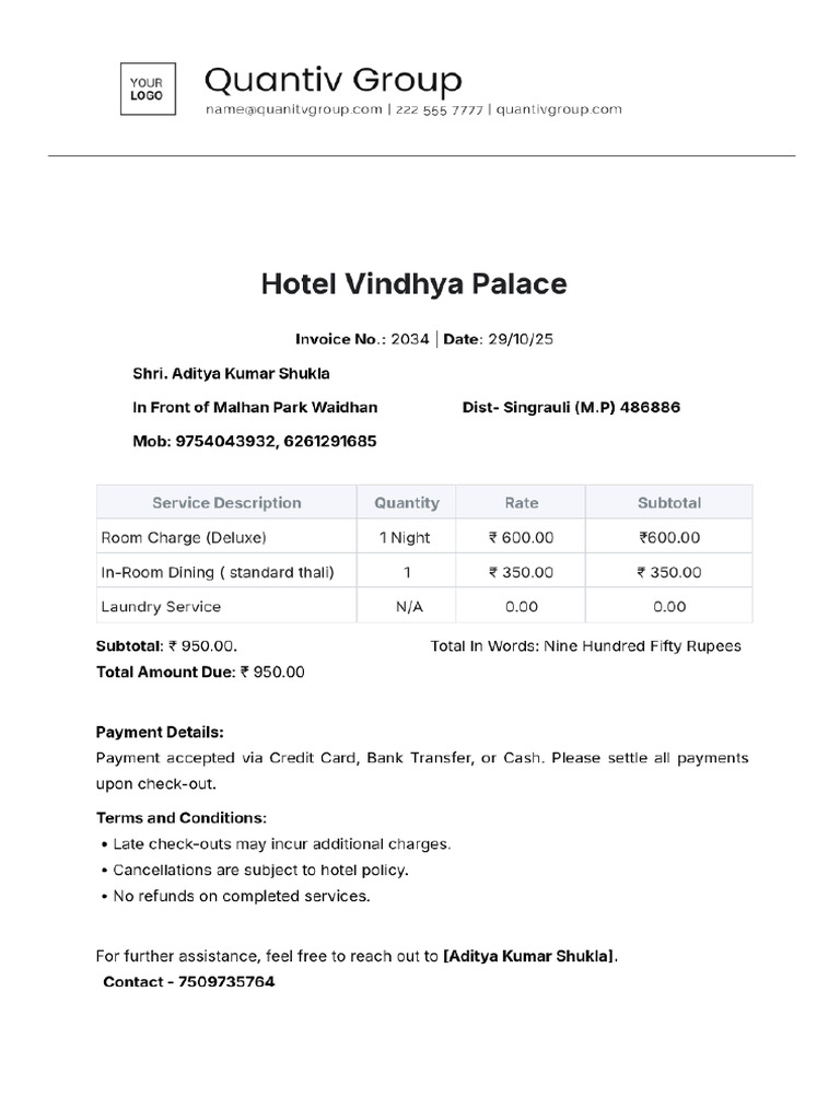 Hotel Bill Format Template - Free Invoice Generator Document | PDF