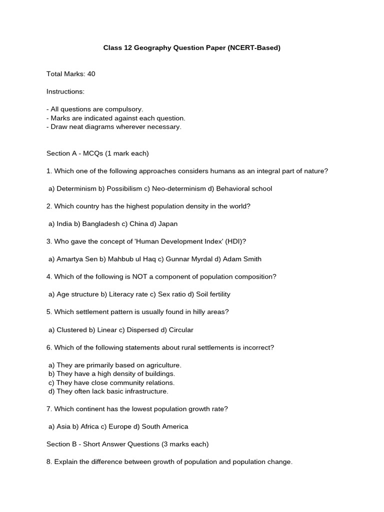 Class 12 Geography NCERT Question Paper | PDF | Human Development Index ...