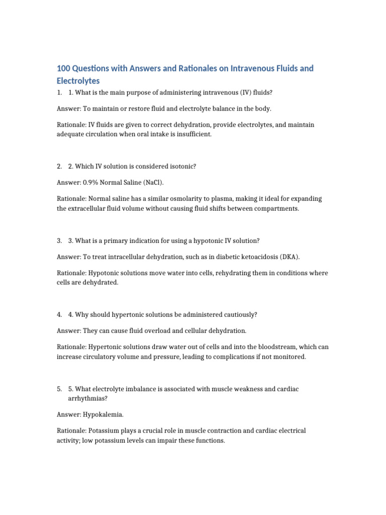 IV Fluids & Electrolytes: 100 Q&A Guide | PDF | Intravenous Therapy ...