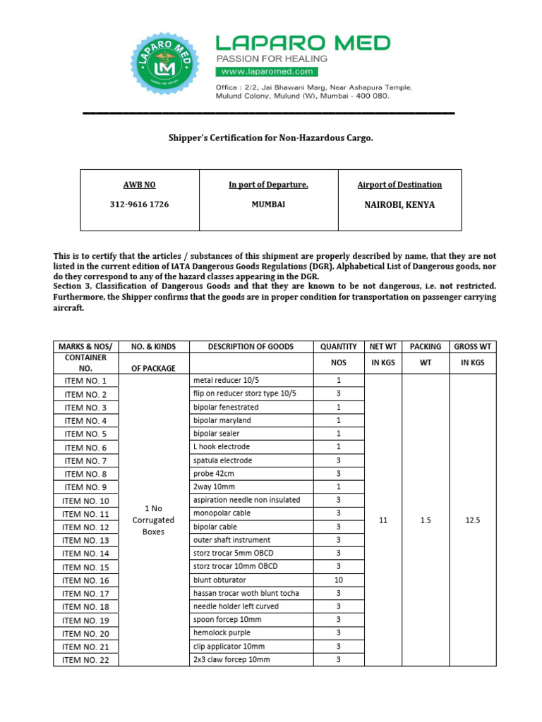 Non-Hazardous Cargo Certification | PDF | Dangerous Goods | Transport