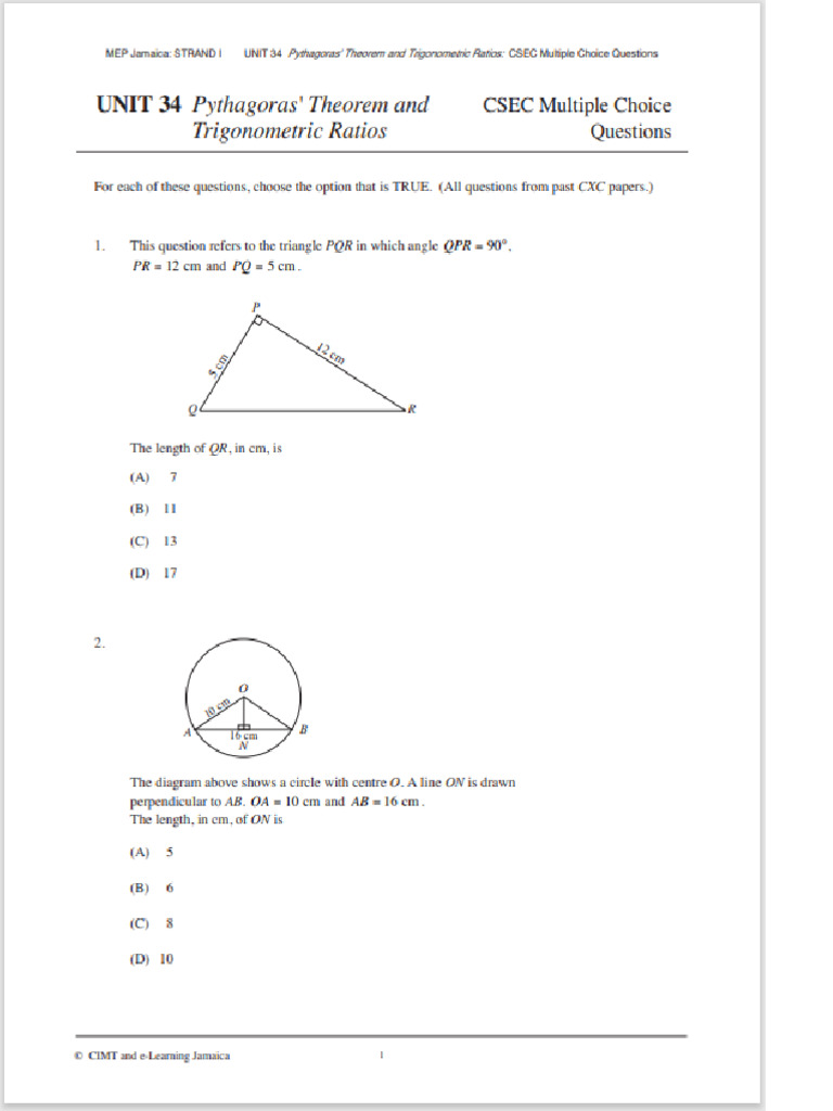 Csecmultiplechoice - Pythagoras and Trig Ratios | PDF