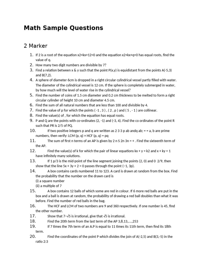 Math Sample Questions for Practice | PDF | Circle | Area