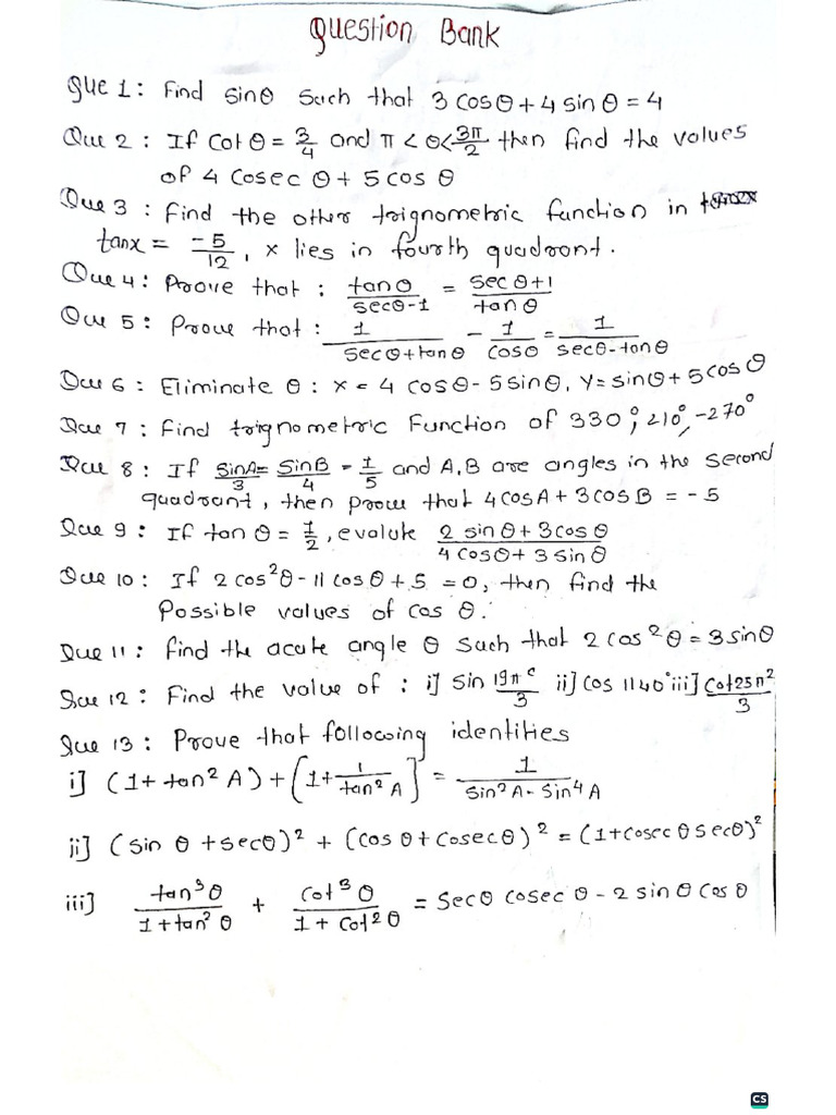 Question Bank Trigonometry - 1 | PDF