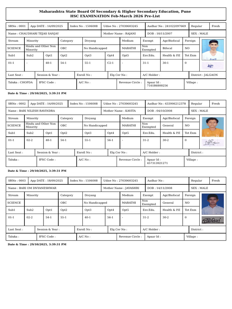 12 Science HSC Examination Feb-March 2026 Pre-List | PDF | Government Of India | Educational Stages