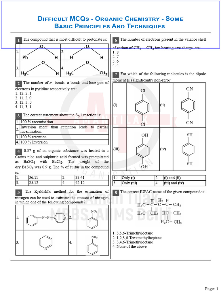 Difficult Organic Chemistry MCQs Guide | PDF | Chemical Reactions ...