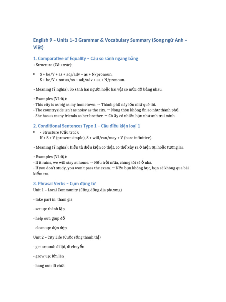 English 9 Units 1 3 Summary SongNgu | PDF