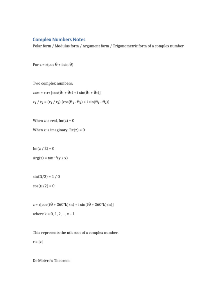Complex Numbers Notes Typed | PDF