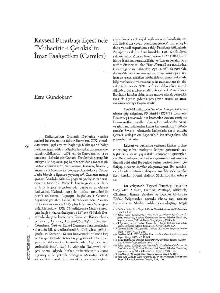 Kayseri Pinarbasi Ilcesi Nde Muhacirin I | PDF