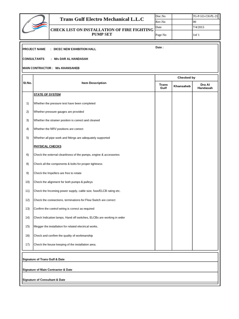 Fire Fighting Pump Installation Checklist | PDF