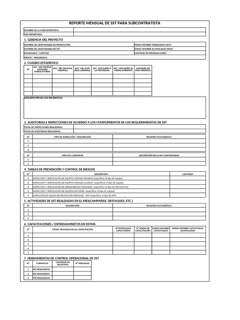 Informe Mensual SST Subcontratista | PDF