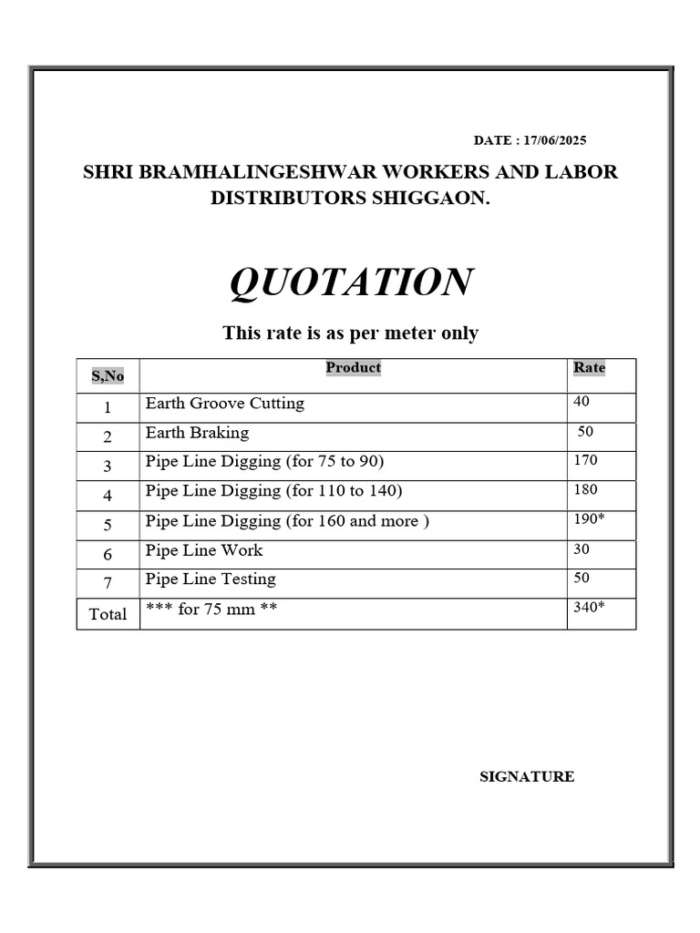 Quotation for Earth and Pipe Line Services | PDF