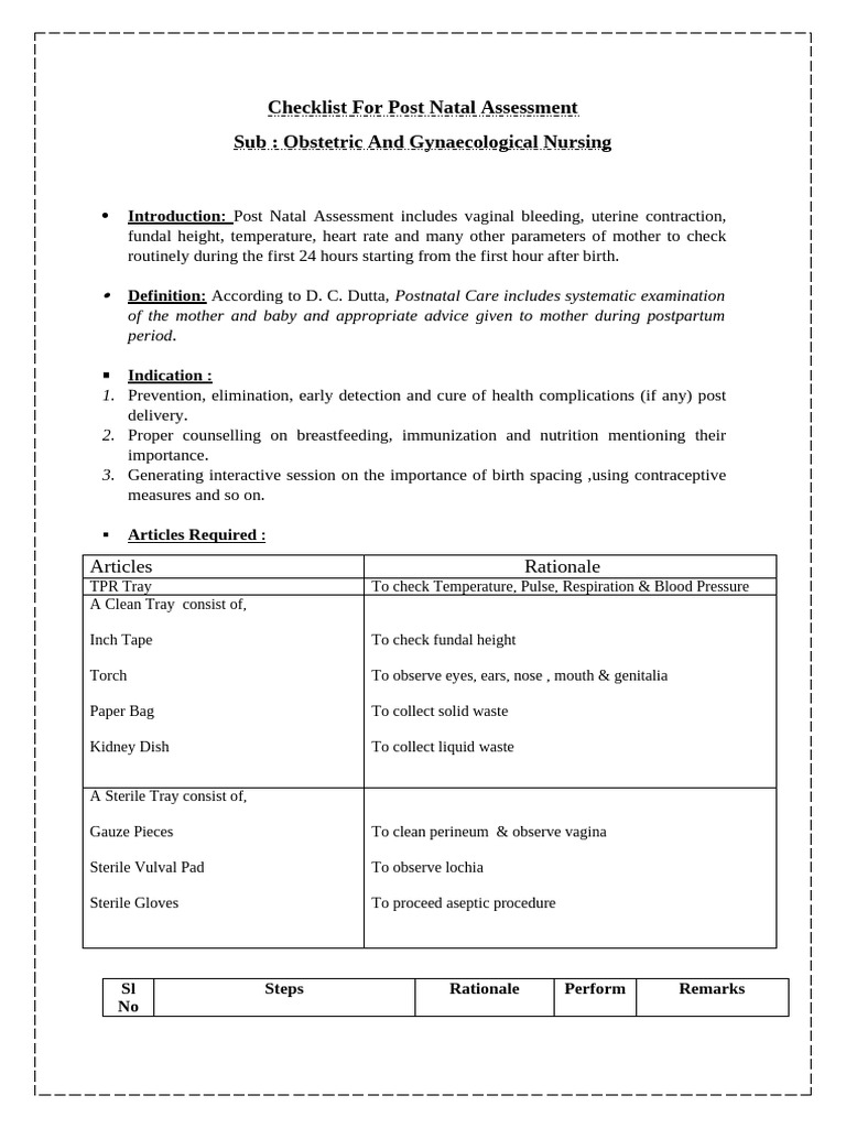 Postnatal Assessment Checklist Guide | PDF | Postpartum Period ...