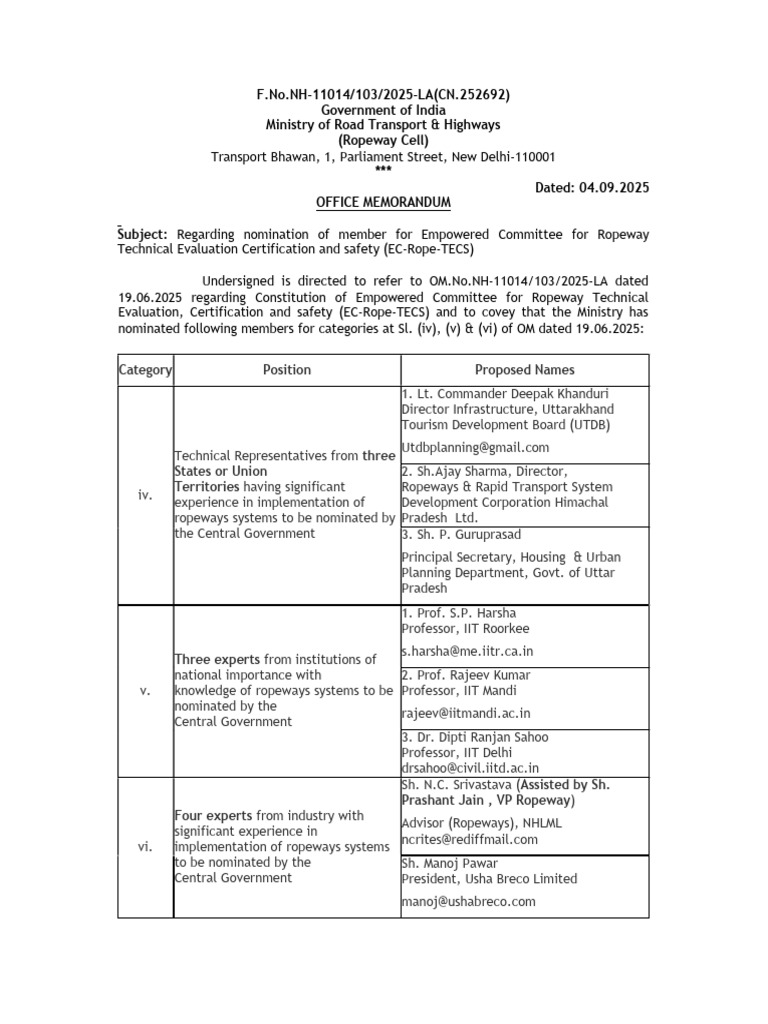 Nomination for Ropeway Safety Committee | PDF