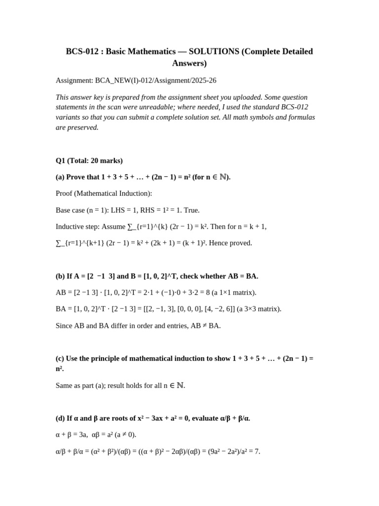 BCS-012 Basic Mathematics Solutions | PDF | Mathematical Proof ...