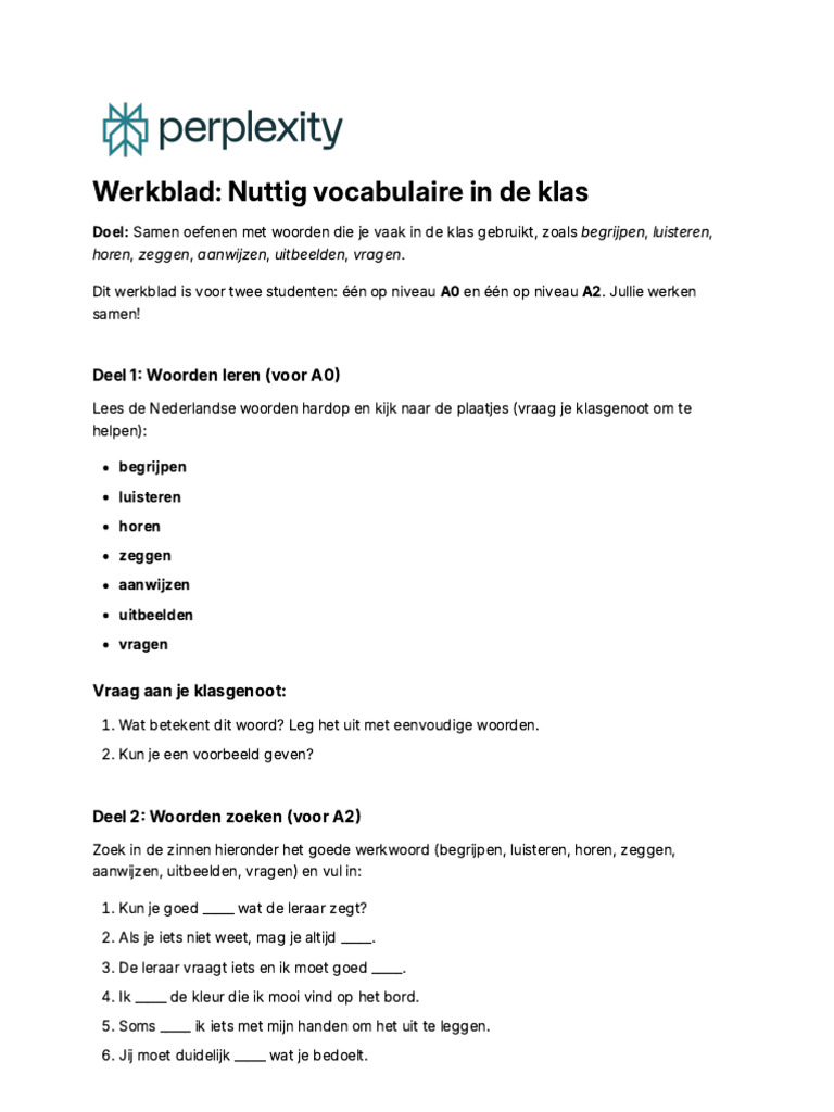 Werkblad - Nuttig Vocabulaire in de Klas | PDF