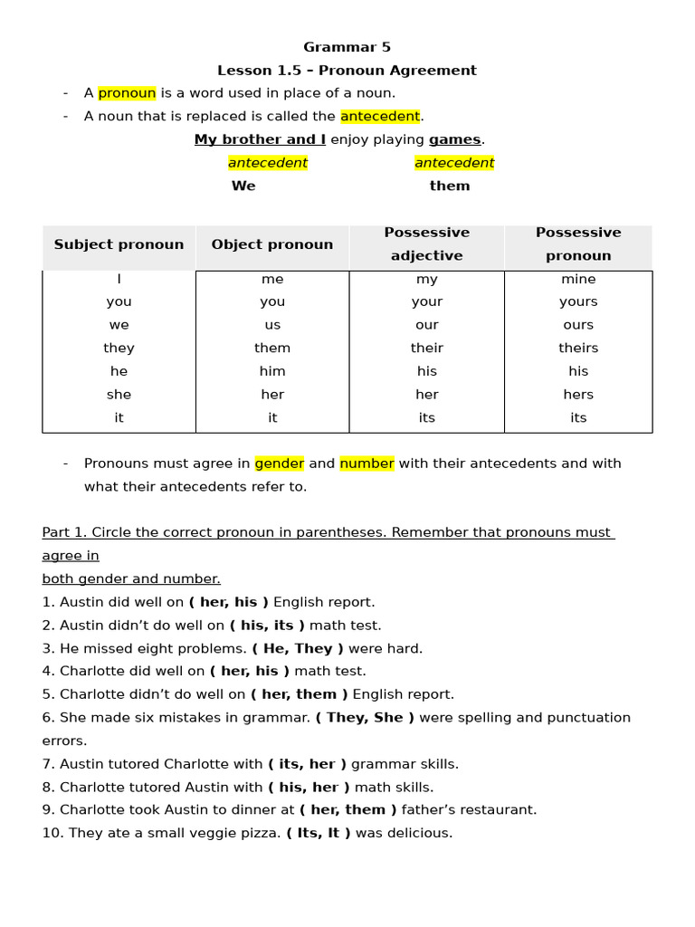 Pronoun Agreement Lesson Guide | PDF | Pronoun | Morphology