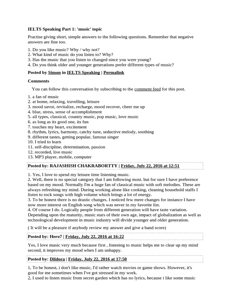 IELTS Speaking: Music Topic Practice | PDF | Performing Arts ...